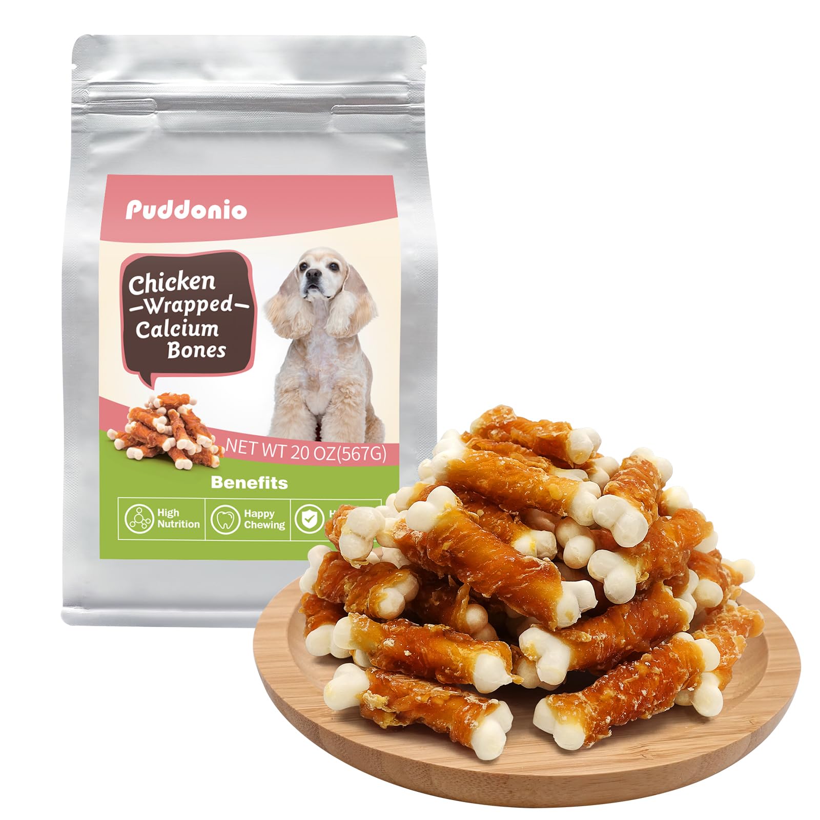 Puddonio Dog Treats, 2.3 Inch Chicken Wrapped Calcium Bones, Rawhide Free Dog Training Treats, Soft Dog Chews for Puppy and Small Dogs, 20 oz