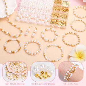 1290 Pieces Pearl Beads and Gold Spacer Beads for Bracelets Making, Assorted Gold Beads, Pearls for Bracelet Jewelry Making Kit