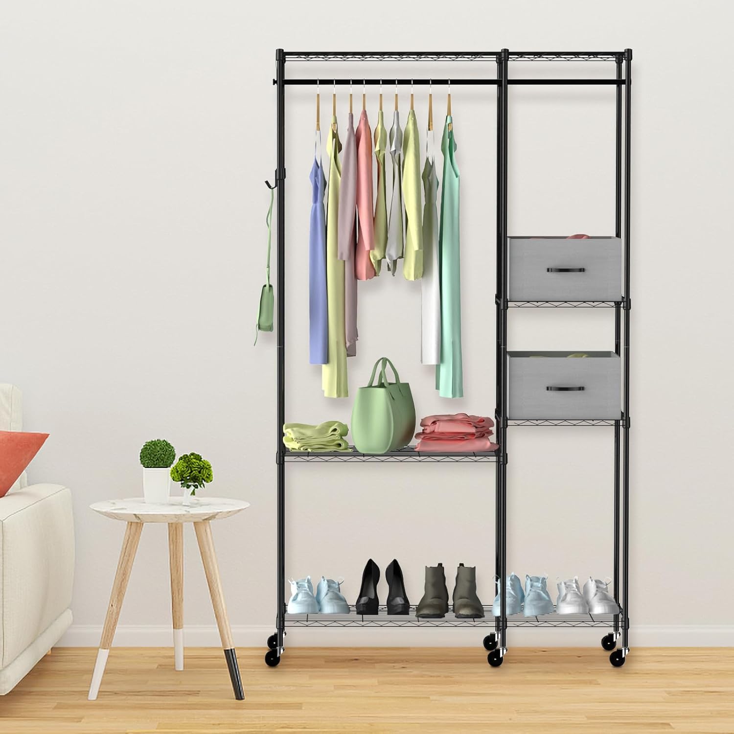 COCOBELA Heavy Duty Clothes Rack with Shelves, Garment Rack with Drawers, Clothing Racks with Wheels, Portable Clothing Storage Rack for Hanging Clothes Freestanding Closet Metal Wardrobe