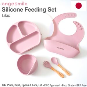 Baby Feeding Essentials Silicone Ange Smile 12 Set Bib, Baby Bowl, Suction Plate, Spoon, Fork Eating Utensils for 6+ Months Kids Toddler Kawaii Pink Peach