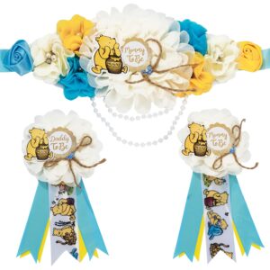 3 pack mom to be sash daddy to be corsage pins flower, baby shower sash, maternity sash belly belt gift for gender reveal baby shower decorations mommy dad, blue boy