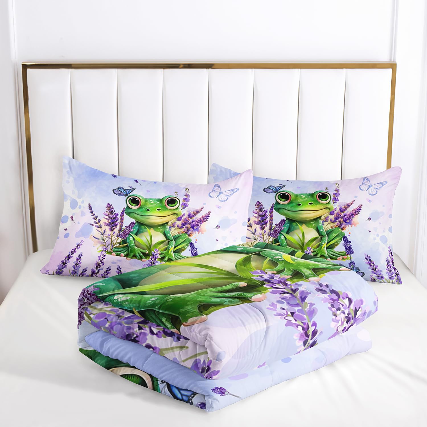 AILONEN Cute Frog Bedding Set Twin Size, Tropical Amphibian Comforter Set for Kids Boys Girls,3D Animal Theme Bed in a Bag,3 Pieces, 1 Quilt and 2 Pillowcases,Soft Microfibre