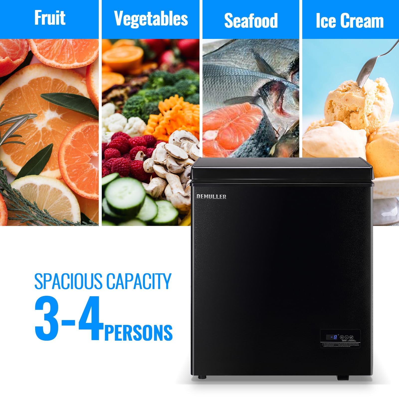 DEMULLER Chest Freezer 4.0 CU. FT Ultra-low Temperature Deep Freezers (Down to -12 ℉) with TWO Removable Baskets Accurate Display of Cabinet Temp Freestanding Black