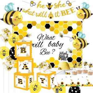 greparpy what will it bee gender reveal party decorations, bumble bee baby shower supplies include banner, tablecloth, backdrop, balloons, boxes, topper, honey bumble bee theme party decorations