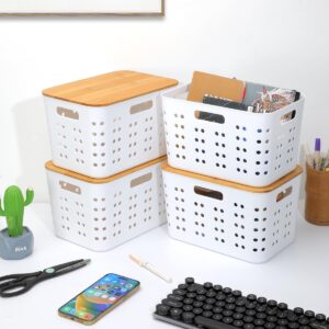 EOENVIVS Storage Bins With Lids Organization and Storage Containers with Bamboo Lids Storage Baskets Organizer for Shelves Drawers Desktop Bedroom Closet Playroom Classroom Office, Pack of 4