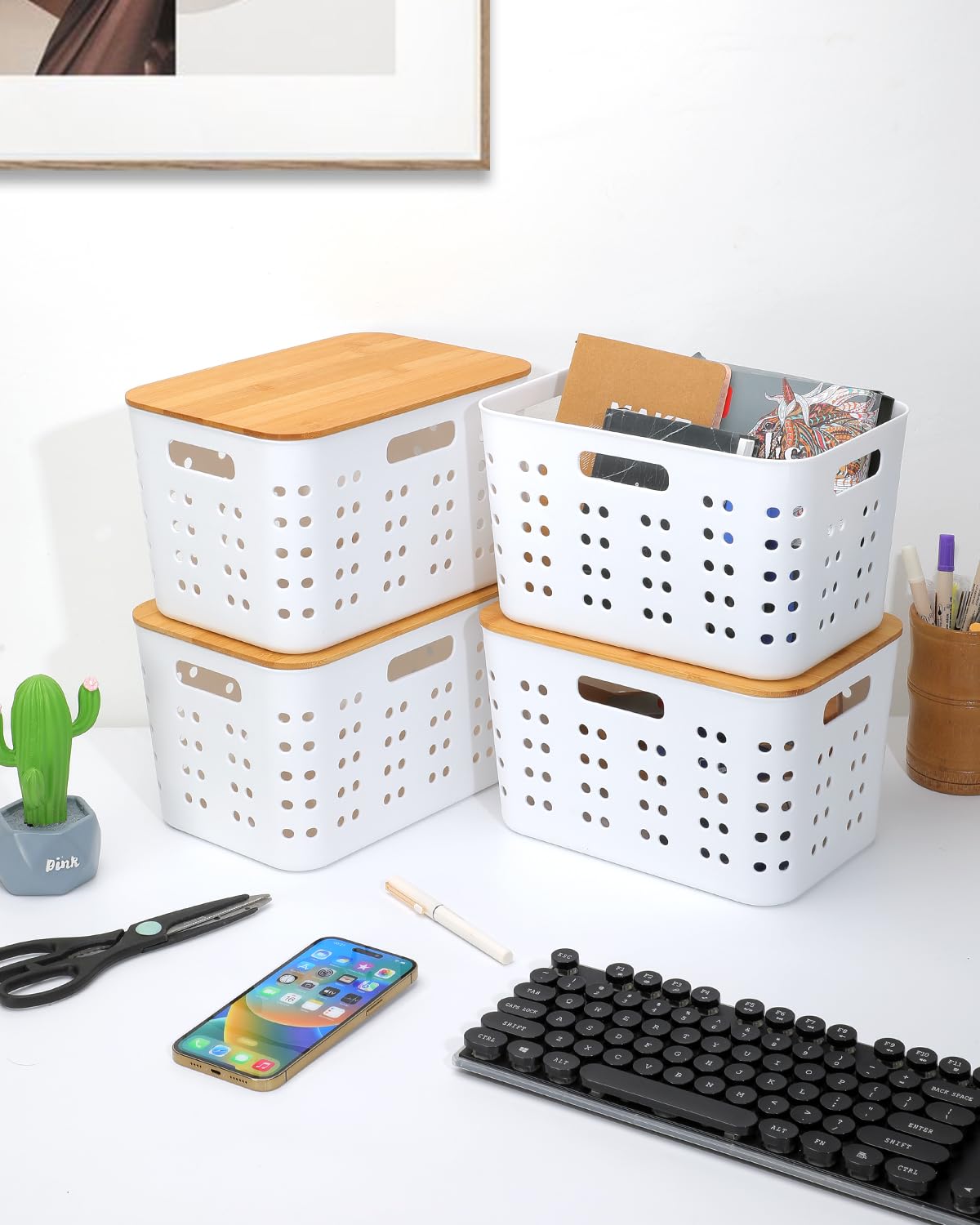 EOENVIVS Storage Bins With Lids Organization and Storage Containers with Bamboo Lids Storage Baskets Organizer for Shelves Drawers Desktop Bedroom Closet Playroom Classroom Office, Pack of 4