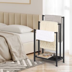 Freestanding Towel Rack, 3 Tier Metal Towel Rack Blanket Rack Stand for Bedroom Standing Towel Rack Black Bath Towel Holder Stand Floor for Bathroom Floor Towel Rack with Wooden Storage Shelf