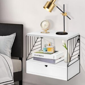 floating nightstand, wood bedside shelf wall mounted with drawer, modern style bedside table, floating end table, 2 tier floating shelves for bedroom, living room, bathroom, office