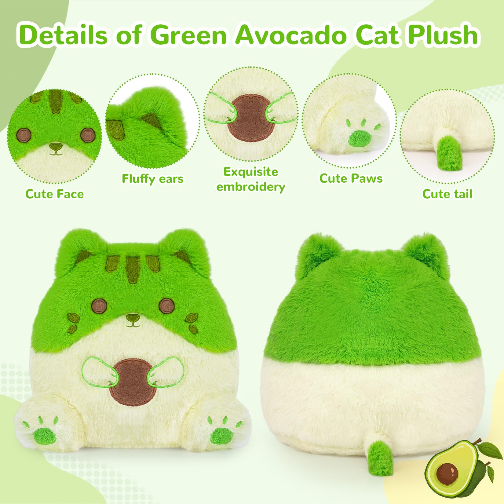 JEROKUMI Cute Cat Plush Pillow, 8 Inch Avocado Cat Stuffed Animal Avocado Plush Kawaii Stuffed Animal, Soft Plush Hug Toy for Kids, Boys and Girls, Women, Birthday Christmas