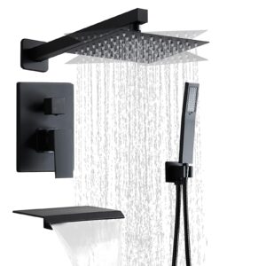 rttwyyuu matte black shower faucet set with tub spout 10 inch, shower head and handle with 2 hooks, tub and shower faucet combo, rain shower and handheld shower system square wall mount for bathroom