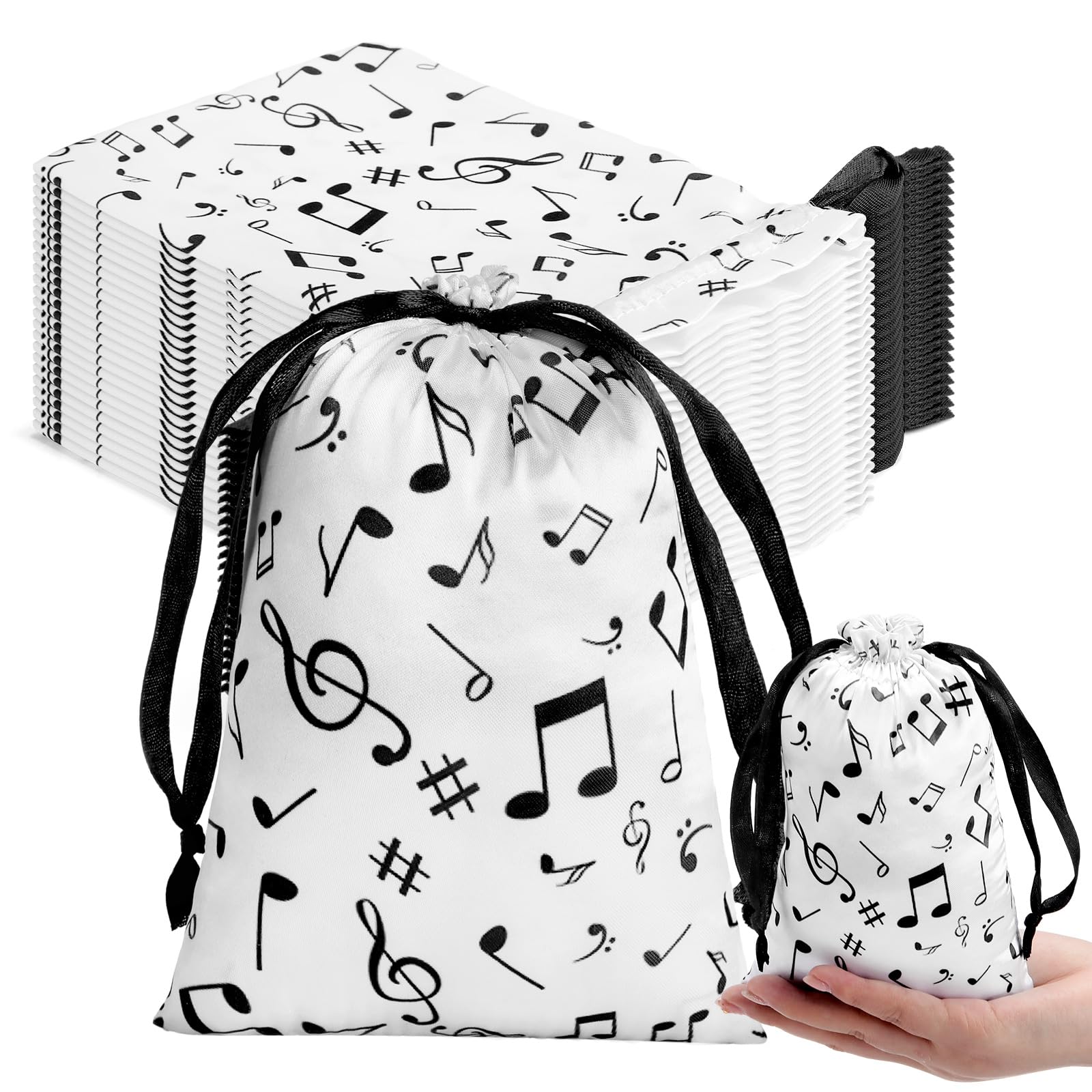 Wesnoy 24 Pcs Music Notes Gift Bags Musical Note Drawstring Treat Bag Music Decorations Musical Party Favor Bags for Musician Gifts Social Media Music Party Supplies (Black on the White,5 x 7)