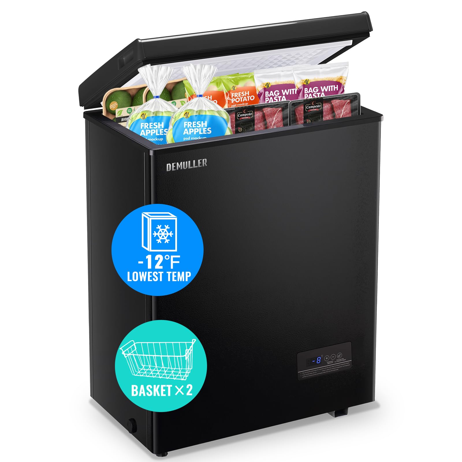 DEMULLER Chest Freezer 4.0 CU. FT Ultra-low Temperature Deep Freezers (Down to -12 ℉) with TWO Removable Baskets Accurate Display of Cabinet Temp Freestanding Black