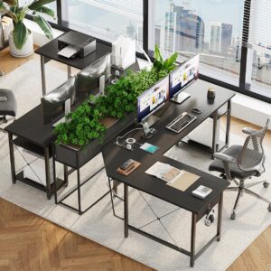 Coleshome L Shaped Computer Desk 66" with Power Outlet & Storage Shelves, Corner Sturdy Writing Desk Workstation, Modern Wooden Office Gaming Desk, Wood & Metal, Black