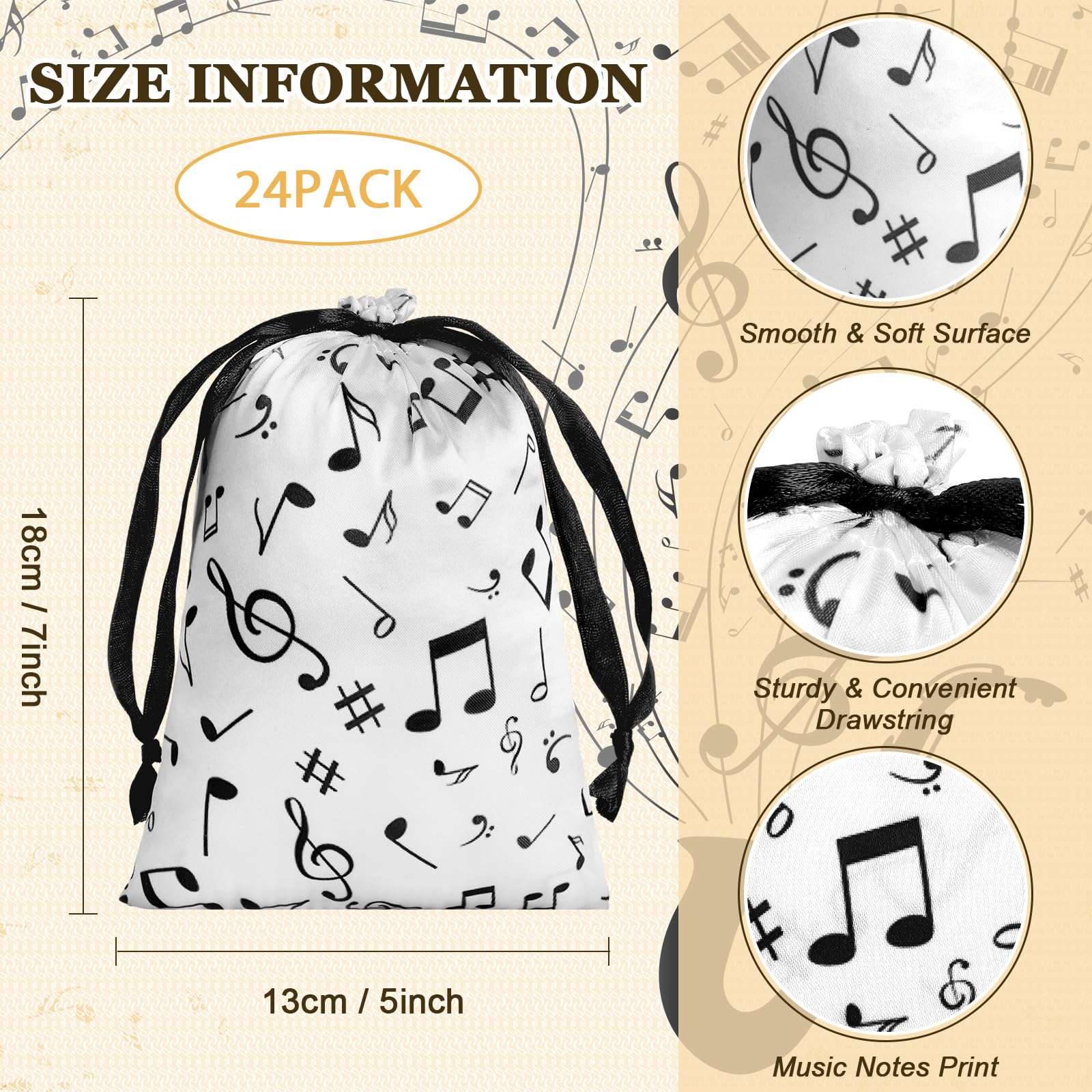 Wesnoy 24 Pcs Music Notes Gift Bags Musical Note Drawstring Treat Bag Music Decorations Musical Party Favor Bags for Musician Gifts Social Media Music Party Supplies (Black on the White,5 x 7)