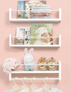 maxpeuvon nursery bookshelves set of 3, natural wood nursery floating shelves wall mount storage shelf with towel bar hainging bookshelf for kids room bedroom nursery decor