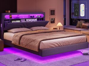 bthfst queen floating bed frame with rgb led lights headboard, usb-c/a power combo, linen upholstered platform bed with storage headboard, innovative stable structure, dark gray