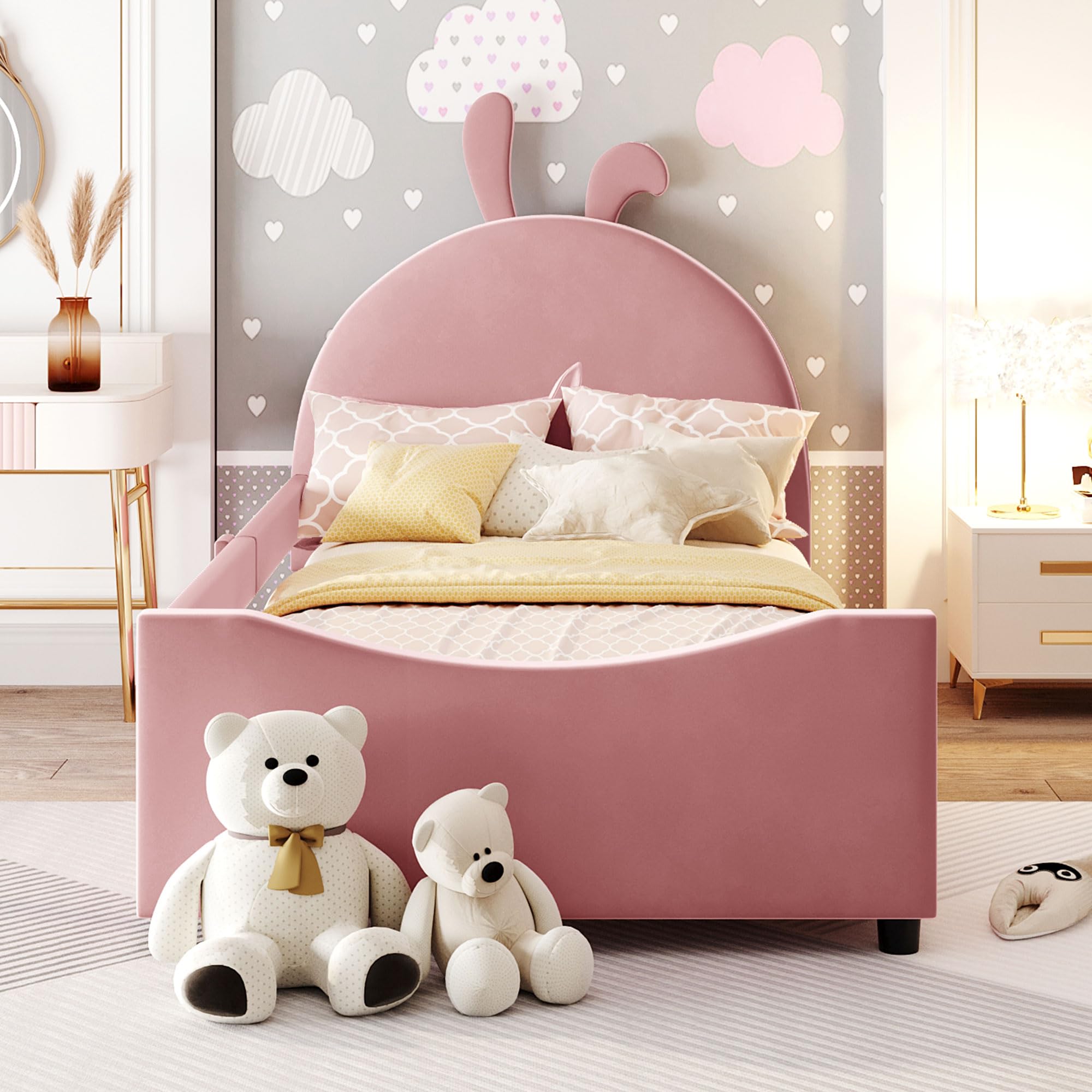 Twin Size Upholstered Daybed Bed Frame for Boys Girls Kids Toddler with Rabbit Ear Shaped Headboard, Pink