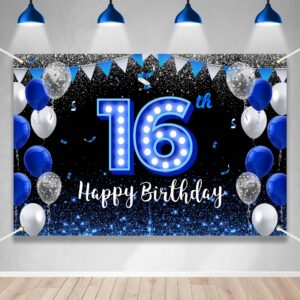 happy 16th birthday backdrop banner blue black theme background with blue neon light shiny fashion birthday party photo photography prop booth background for boys girls celebration 70.8x47.2in-beckten