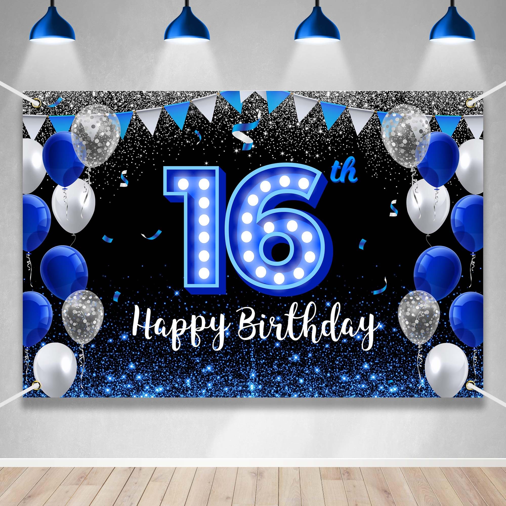 Happy 16th Birthday Backdrop Banner Blue Black Theme Background With Blue Neon Light Shiny Fashion Birthday Party Photo Photography Prop Booth Background for Boys Girls Celebration 70.8x47.2in-BECKTEN