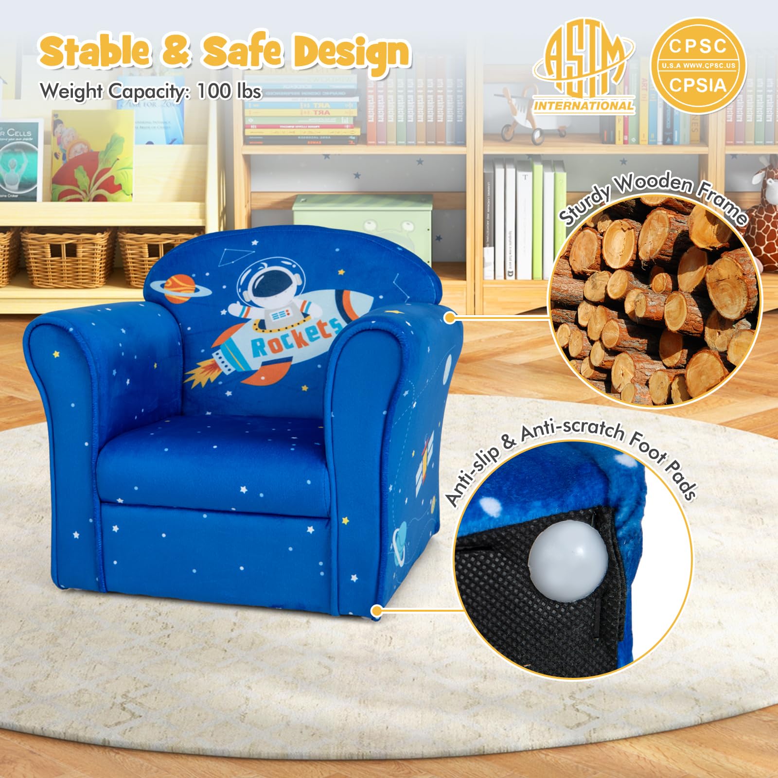 Costzon Kids Couch, Children's Sofa Armrest Chair with Pattern, Toddler Furniture w/Sturdy Wood Construction, Preschool, Lightweight Kids Couch Sofa Chair for Aged 1-5 Boys & Girls Gifts, Rocket