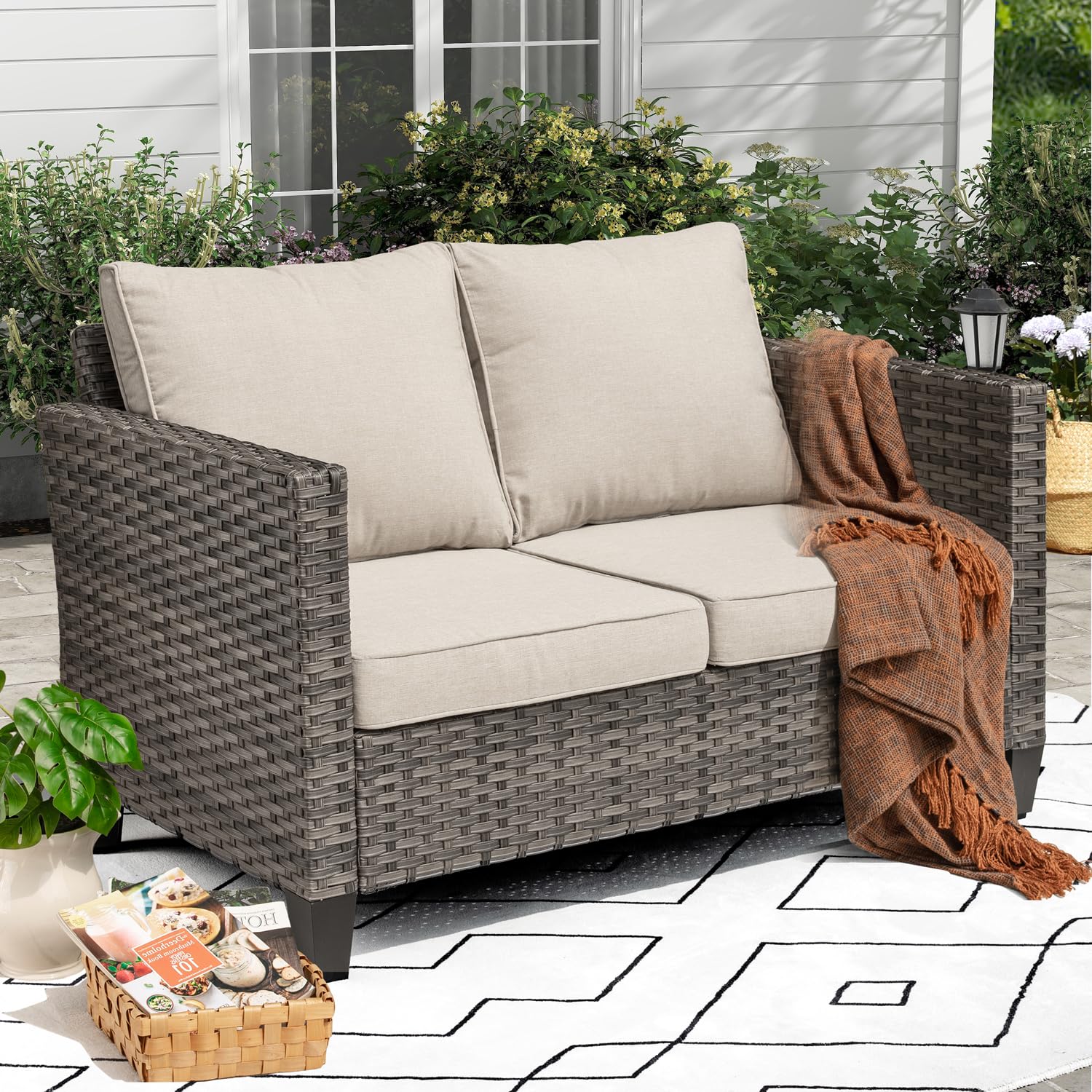 XIZZI Patio Loveseat Grey Wicker Outdoor Love Seat 2 Seater Sofa for Balcony,Deck,Yard and Garden,Beige