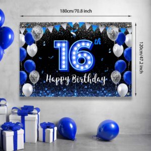 Happy 16th Birthday Backdrop Banner Blue Black Theme Background With Blue Neon Light Shiny Fashion Birthday Party Photo Photography Prop Booth Background for Boys Girls Celebration 70.8x47.2in-BECKTEN