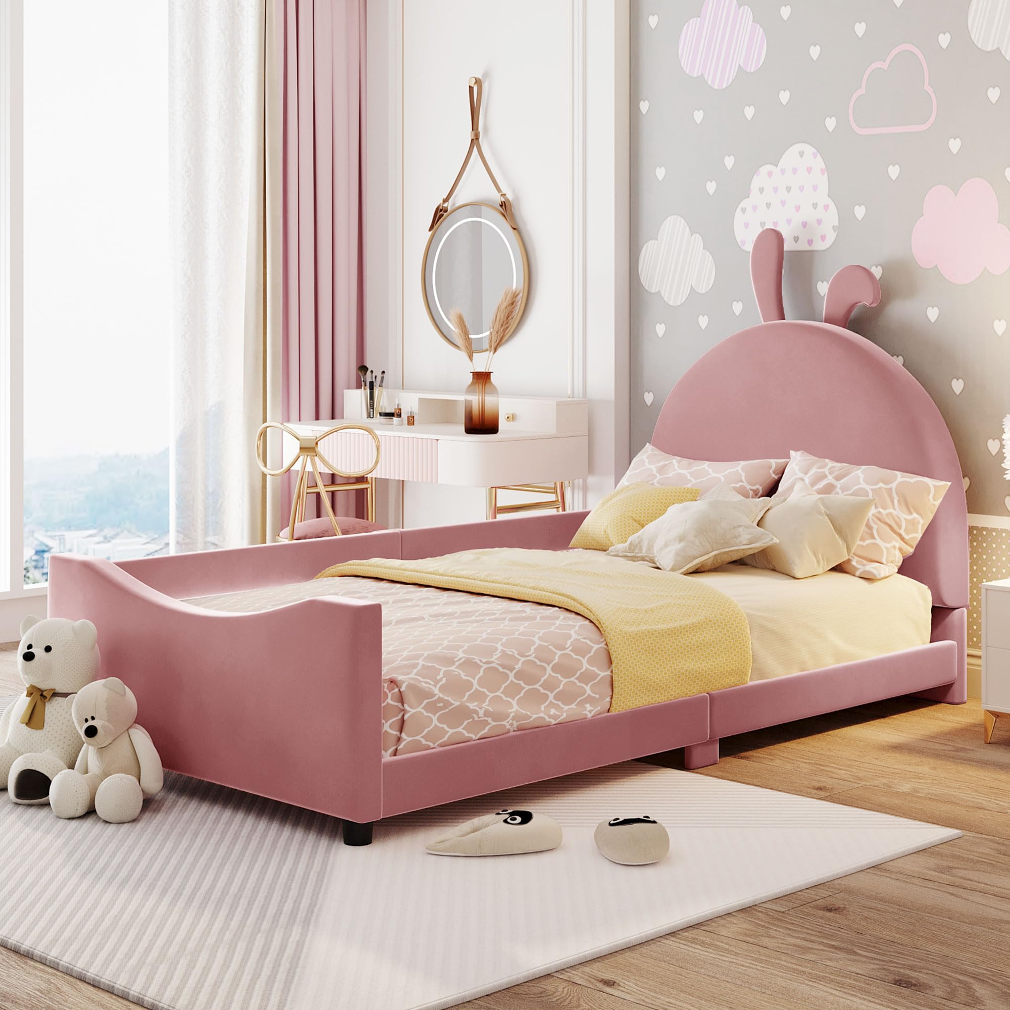 Twin Size Upholstered Daybed Bed Frame for Boys Girls Kids Toddler with Rabbit Ear Shaped Headboard, Pink