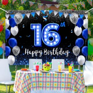 Happy 16th Birthday Backdrop Banner Blue Black Theme Background With Blue Neon Light Shiny Fashion Birthday Party Photo Photography Prop Booth Background for Boys Girls Celebration 70.8x47.2in-BECKTEN