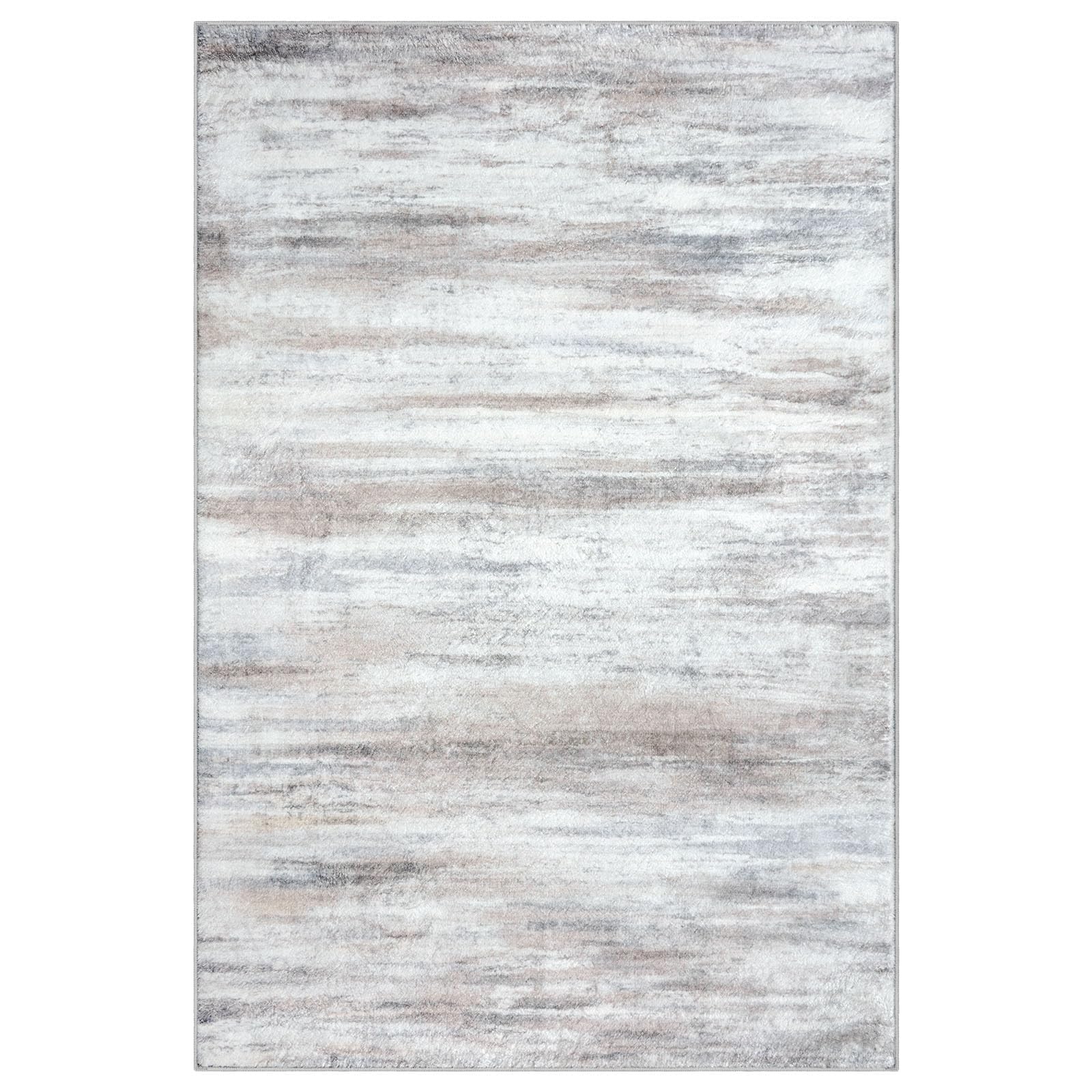 KOZYFLY Modern Abstract Small Area Rugs 2x3, Washable Kitchen Rug Non-Slip Soft Small Bathroom Rug, Beige Striped Entryway Rugs Abstract Print Faux Wool Doormat for Bedside Entrance Bedroom Sink