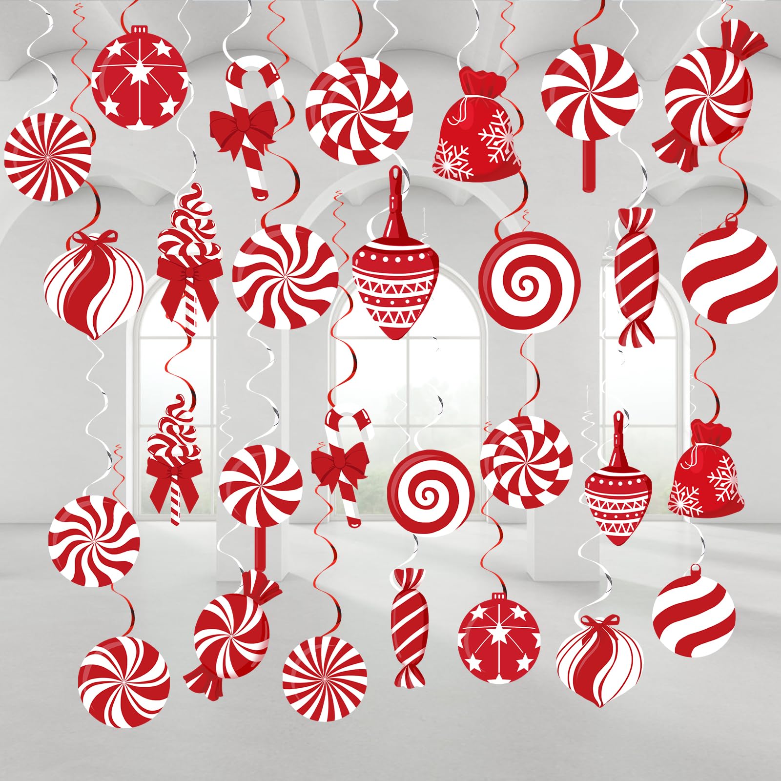 DIYDEC 60pcs Christmas Candy Hanging Swirl Decoration Xmas Candy Ceiling Hanging Streamers Christmas Red White Peppermint Candy Cutouts Ornaments for Christmas Holiday Party Classroom Home Decor