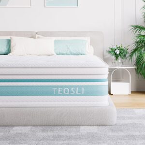 teqsli queen mattress 12 inch hybrid mattress with gel memory foam innerspring mattress in a box for pressure relief & cooling sleep queen size mattress, 100 nights trial