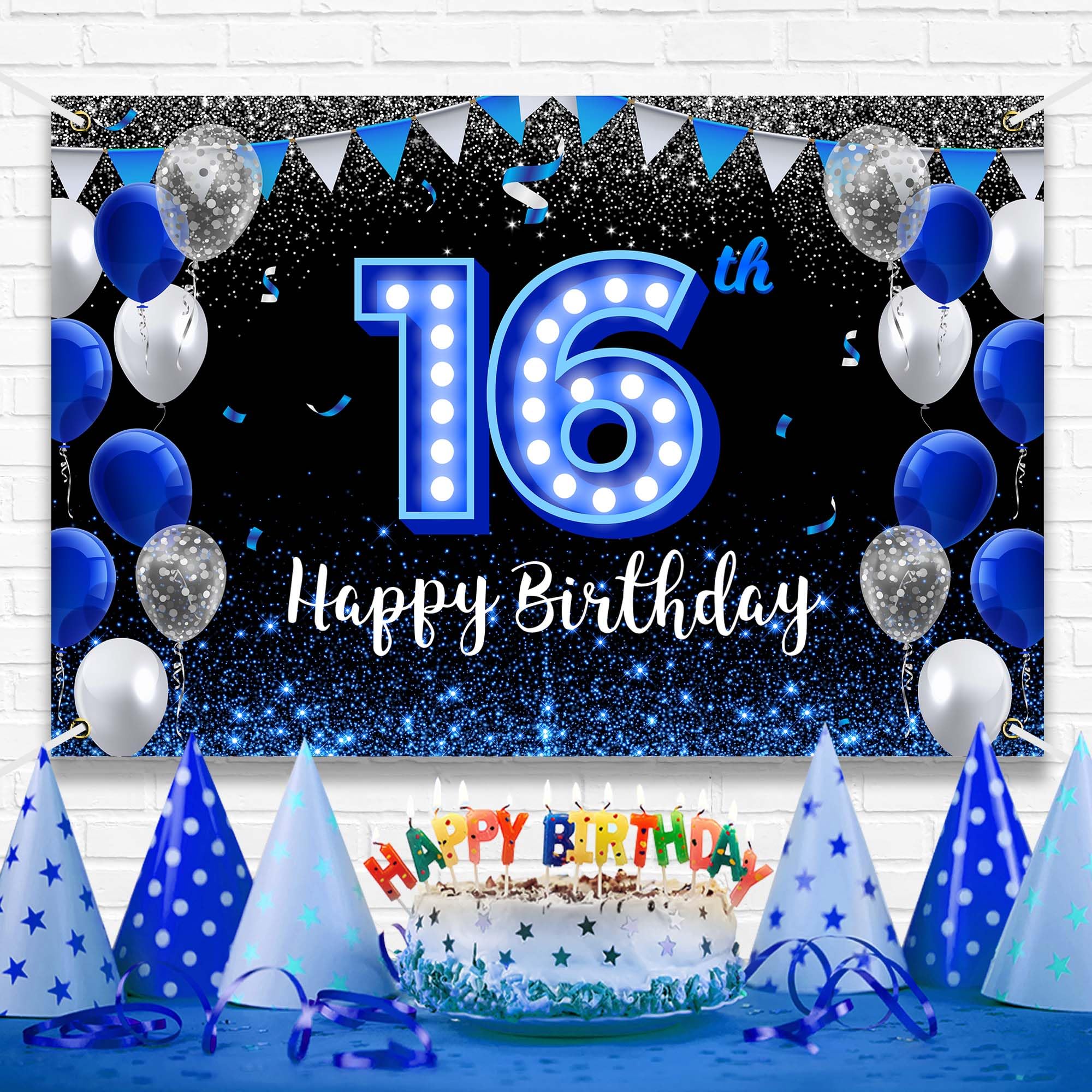 Happy 16th Birthday Backdrop Banner Blue Black Theme Background With Blue Neon Light Shiny Fashion Birthday Party Photo Photography Prop Booth Background for Boys Girls Celebration 70.8x47.2in-BECKTEN