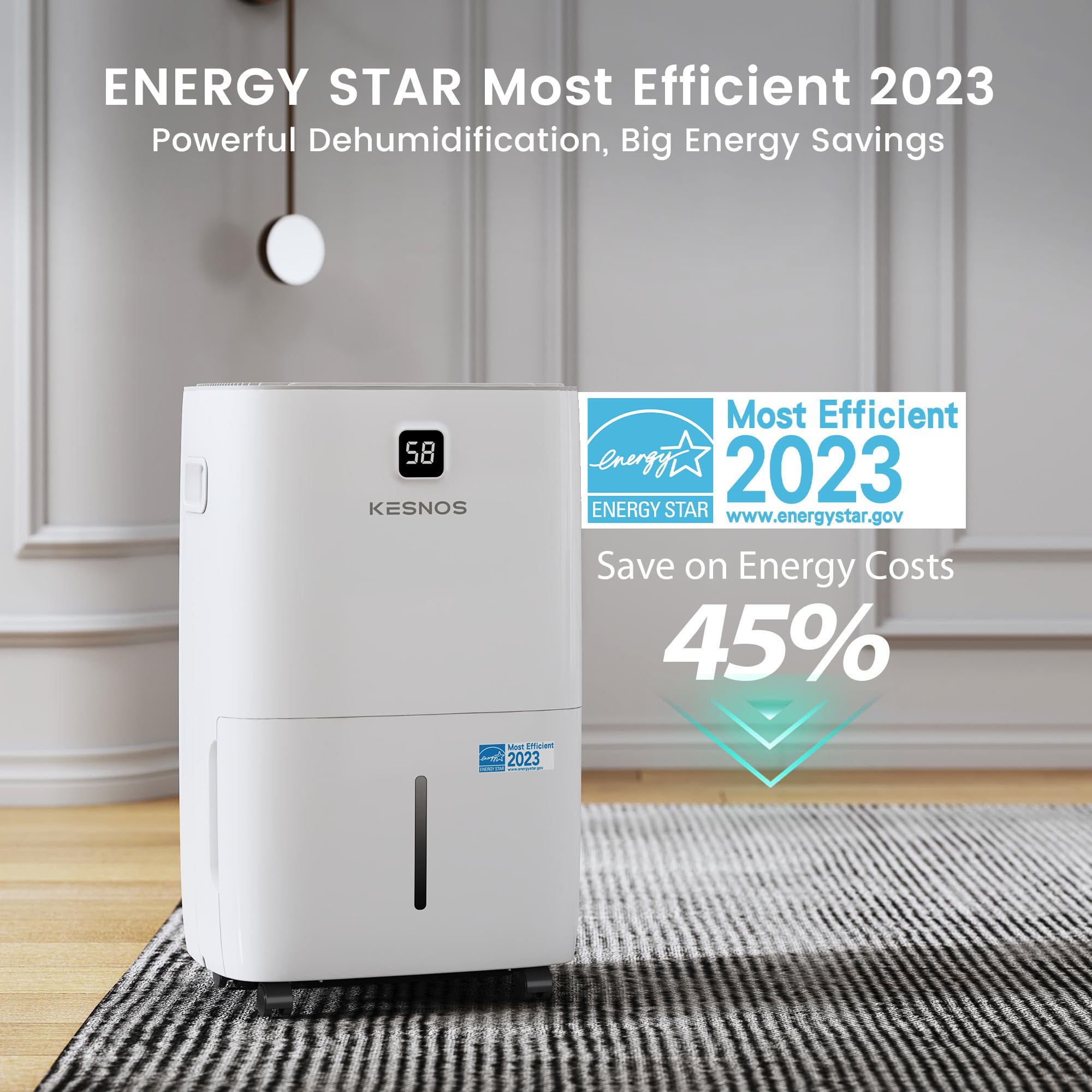 Kesnos 80 Pints Energy Star Dehumidifier for Home & Basement with Drain Hose, Front LED Display and 1.06 Gal Water Tank, Ideal for Spaces up to 5,500 Sq. Ft., Featuring Auto Defrost & Timer Function