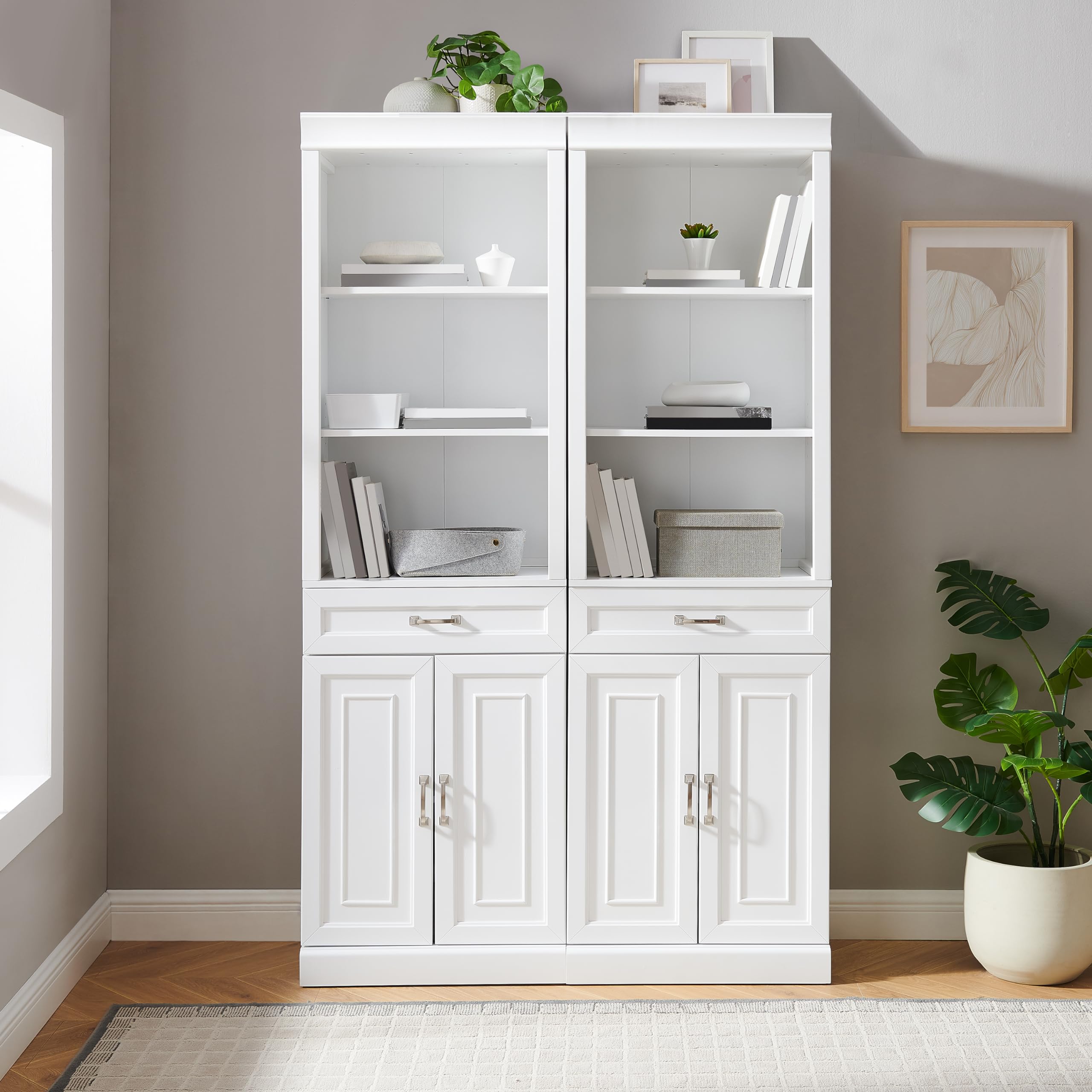 Crosley Furniture Stanton 2-Piece Storage Bookcase, Bookshelf Cabinet with Shelves, Kitchen and Living Room, White