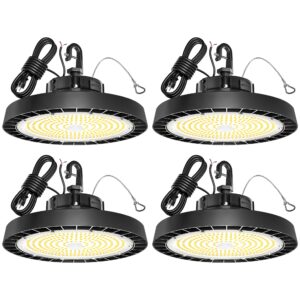 ufo led high bay light 150w 21000lm 0-10v dimmable can replace 600w hid/hps, 5' cable with plug, ip65 waterproof and dustproof, certified driver shop lights for warehouse garage gym workshop(4pack)