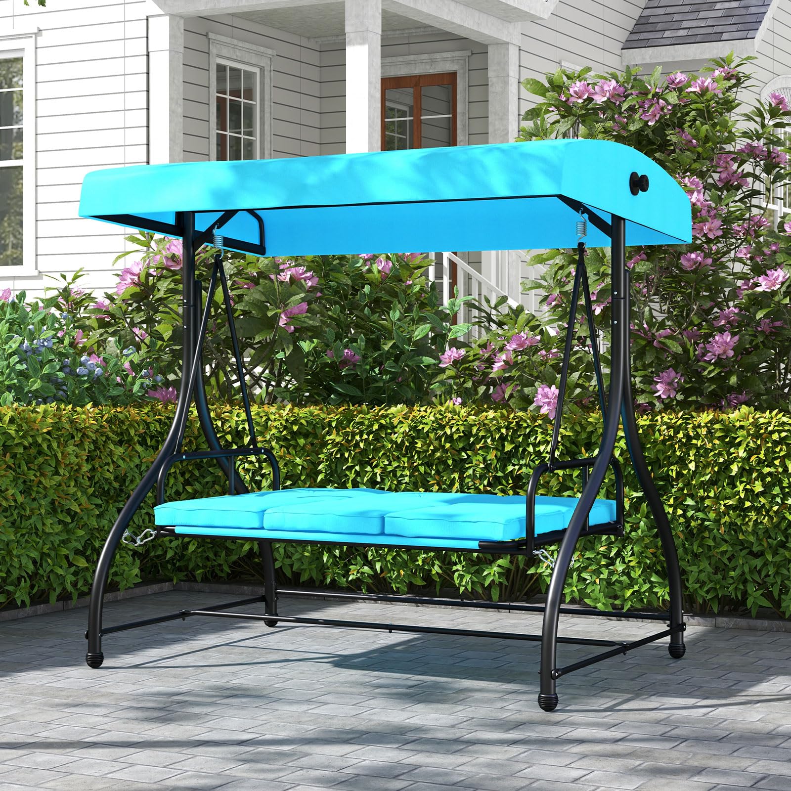 HAPPYGRILL 3 Seat Outdoor Porch Swing, 2-in-1 Swing Glider with Adjustable Canopy, Removable Cushions, Foot Pad, Curved handrails, Outdoor Swing for Patio Yard Garden Balcony Backyard, Turquoise