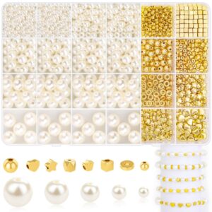 1290 pieces pearl beads and gold spacer beads for bracelets making, assorted gold beads, pearls for bracelet jewelry making kit