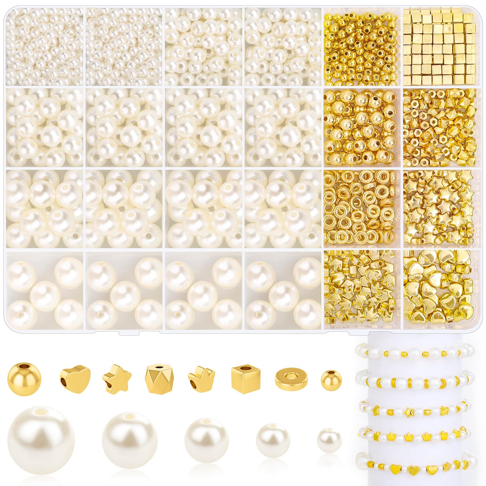 1290 Pieces Pearl Beads and Gold Spacer Beads for Bracelets Making, Assorted Gold Beads, Pearls for Bracelet Jewelry Making Kit