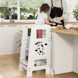 kids step stool toddler learning tower solid wood kids learning stool, kids' standing tower, baby standing tower for counter, children standing stool - white