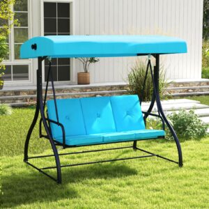 HAPPYGRILL 3 Seat Outdoor Porch Swing, 2-in-1 Swing Glider with Adjustable Canopy, Removable Cushions, Foot Pad, Curved handrails, Outdoor Swing for Patio Yard Garden Balcony Backyard, Turquoise