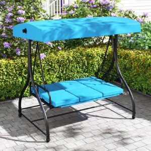 HAPPYGRILL 3 Seat Outdoor Porch Swing, 2-in-1 Swing Glider with Adjustable Canopy, Removable Cushions, Foot Pad, Curved handrails, Outdoor Swing for Patio Yard Garden Balcony Backyard, Turquoise