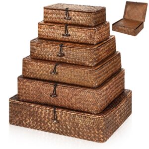 beeveer 6 pcs seagrass storage baskets with lid large wicker decorative storage baskets stackable boxes woven rectangular rattan storage bins shelf baskets organizer for closet bedroom, coffee