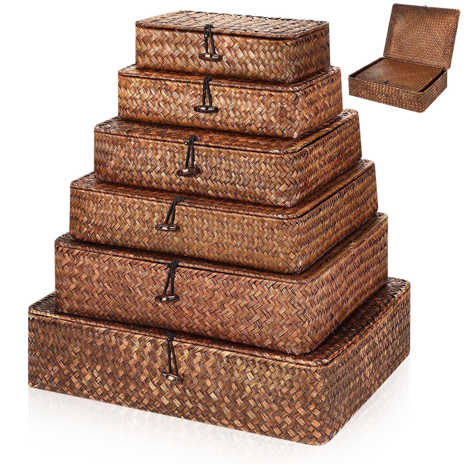 Beeveer 6 Pcs Seagrass Storage Baskets with Lid Large Wicker Decorative Storage Baskets Stackable Boxes Woven Rectangular Rattan Storage Bins Shelf Baskets Organizer for Closet Bedroom, Coffee