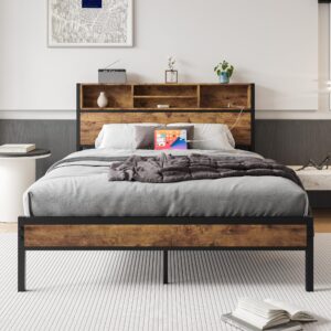 crocofair bed frame full size with bookcase headboard/usb charging station,metal platform bed, mattress foundation,no box spring needed,noise-free,black & rustic brown