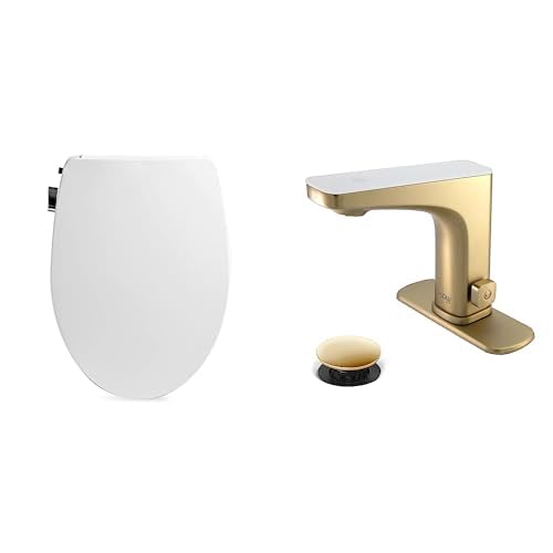 Bathroom Refresh Bundle Includes (1) Bio Bidet by Bemis Slim Zero Bidet Toilet Seat, Elongated, White and (1) Grove Motion Activated Hands Free Bathroom Faucet in Champagne Finish