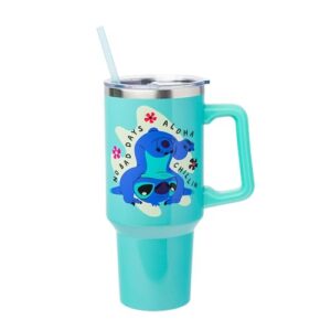 silver buffalo disney lilo and stitch aloha no bad days chillin’ stainless steel tumbler with handle and straw, fits in standard cup holder, 40 ounces