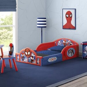 Delta Children - Marvel Spidey and His Amazing Friends 4-Piece Toddler Room-in-a-Box Set – Includes Sleep and Play Toddler Bed, Table, 1 Chair and Toy Box, Blue/Red