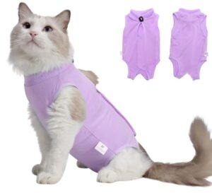 acoutpet cat recovery suit female kitten cat onesie for cats after surgery female spay surgical abdominal wound skin diseases cone collar soft alternative wear (purple, s)