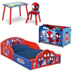 delta children - marvel spidey and his amazing friends 4-piece toddler room-in-a-box set – includes sleep and play toddler bed, table, 1 chair and toy box, blue/red