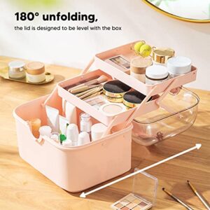 Topyond Makeup Box Organizer 3 Layer, Portable Medicine Storage Box, Large Capacity Transparent Handled Storage Case Multipurpose Makeup Box Craft Organizer for Home(Orange)